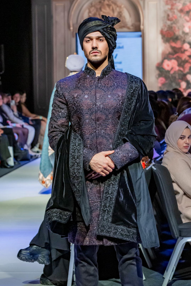 Shervani - Black Hand embroidery on Raw silk with Velvet Pallah – Pagh Vala