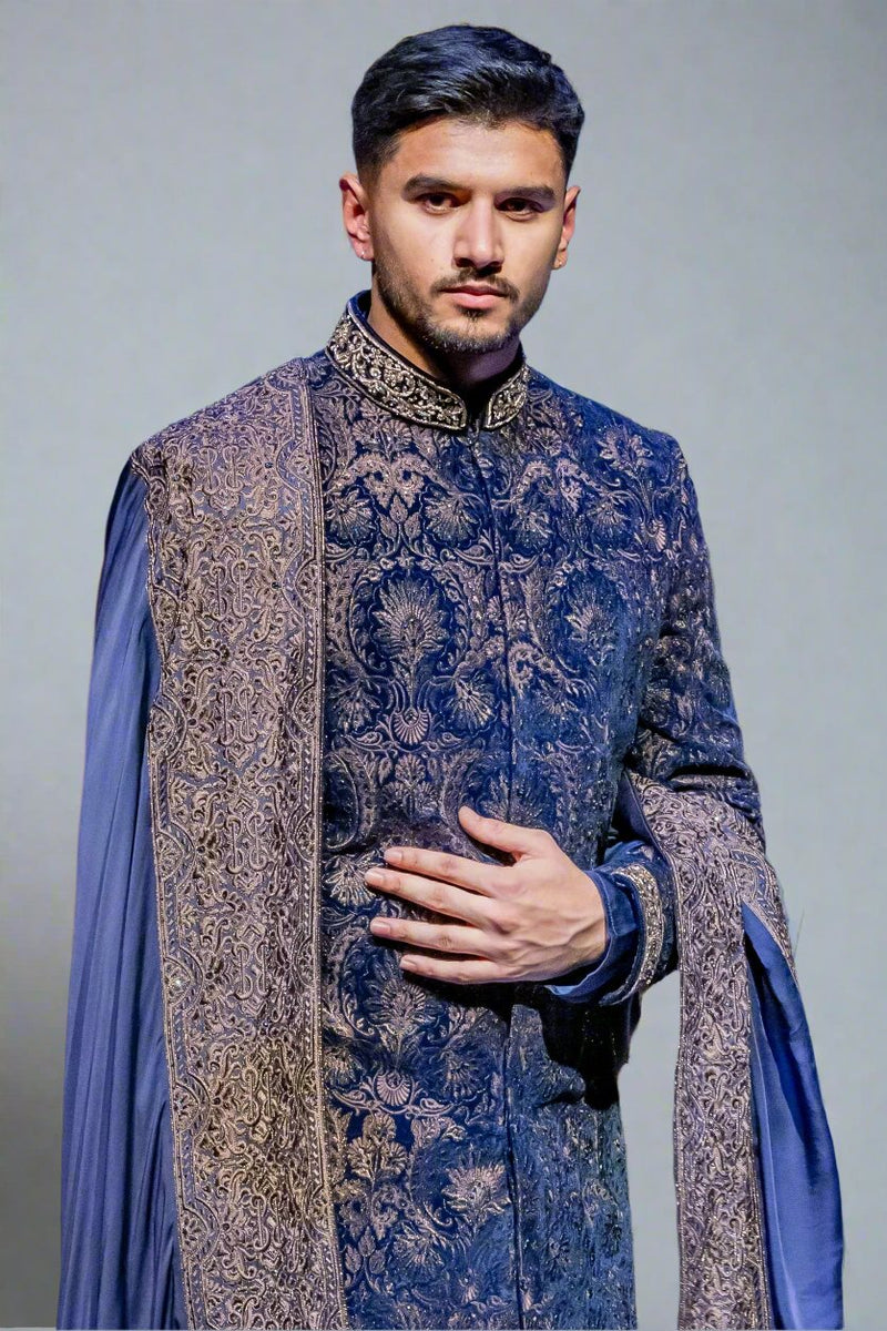 Shervani - Navy Blue Velvet on Gold – Pagh Vala