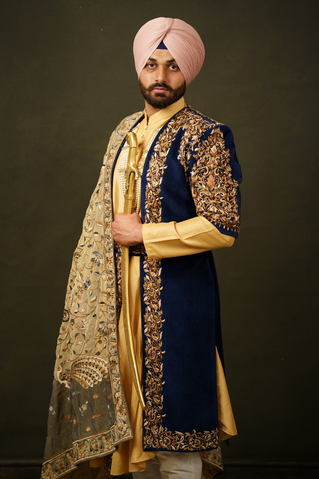 Shervani - Bana Blue Velvet on Gold – Pagh Vala