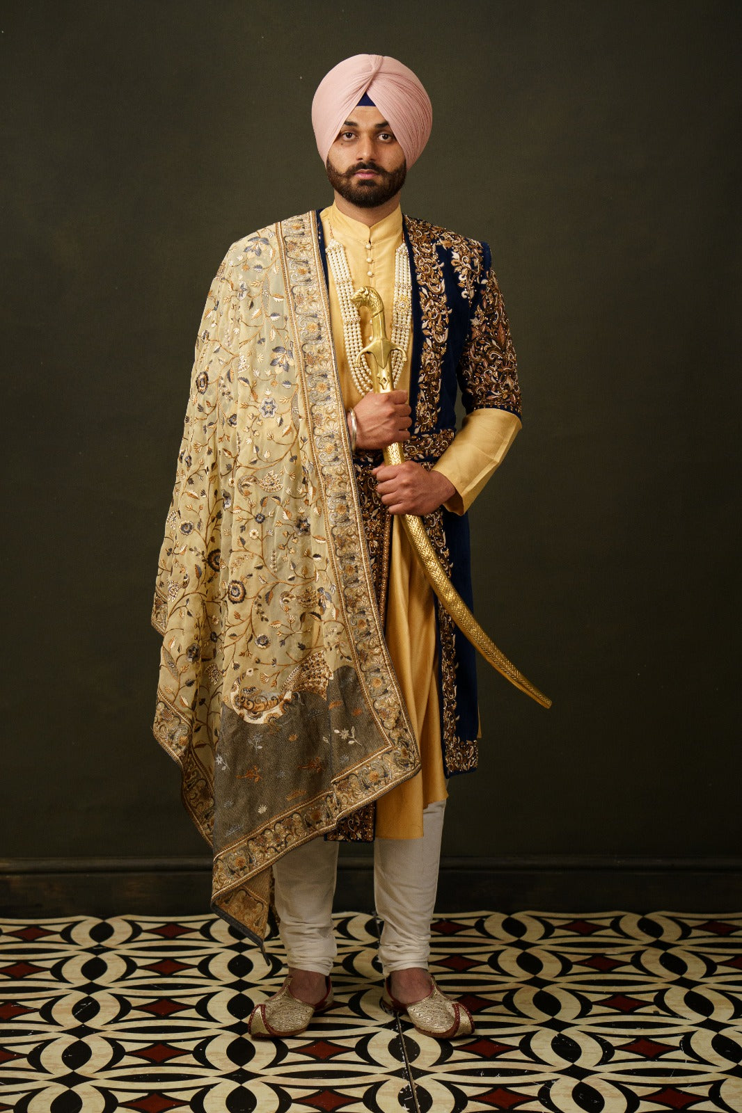 Shervani - Bana Blue Velvet on Gold – Pagh Vala